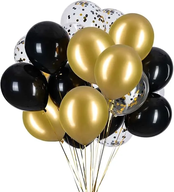 Black & Gold Balloons – 12 Inch Latex & Confetti Balloons Pack of 30 ...