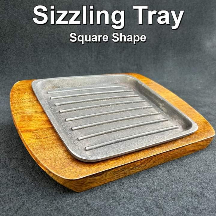 BBQ Serving Sizzling Tray Square Shape Grill cost Iron with wood base ...