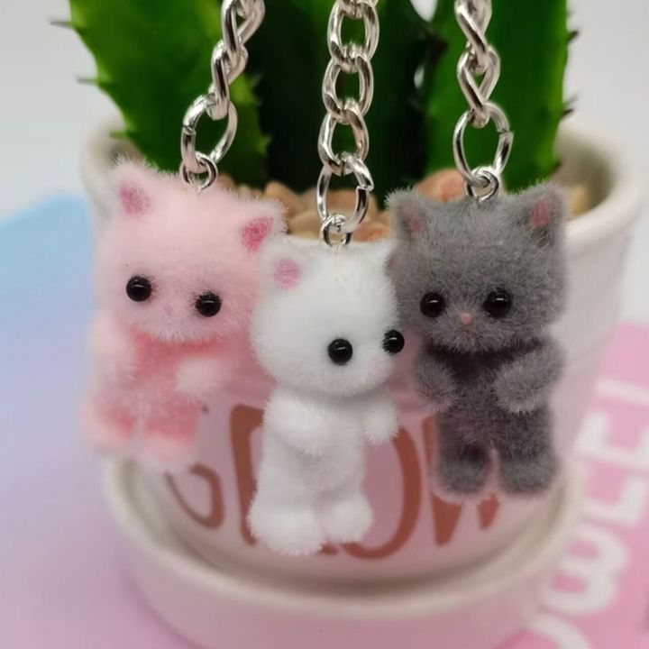 Y2K Fashion 3D Cartoon Flocking Cat Keychain Kawaii Cat Animal Key ...