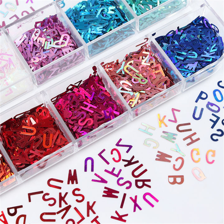 12 Grids 26 Letters Glitter Nail Art Sequins Holographic DIY Nail ...