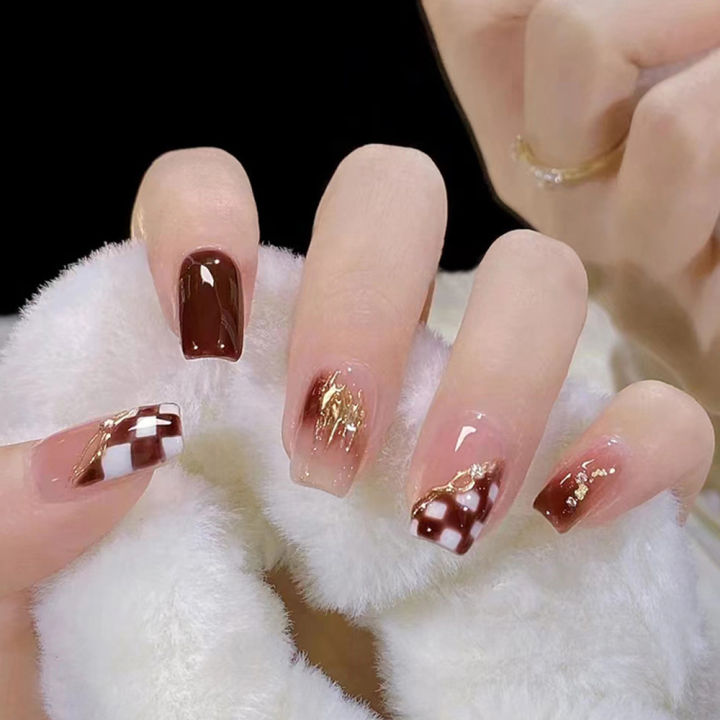 R628 24pcs Medium Square Fake Nails Chocolate Brown Checkerboard ...
