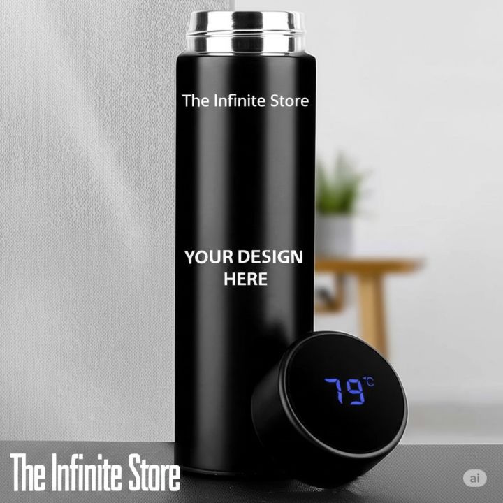 Black Smart Temperature Bottle – Custom Printed Stainless Steel Thermos ...