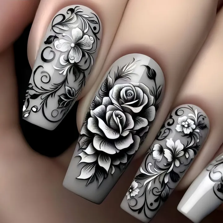 TA-96 24PCS Grey Flower Print Fake Nails with Glue and File | Daraz.pk
