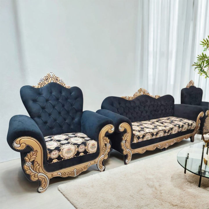 Sultan Furniture Royal Luxury Crown 5 Seater Black sofa With Wooden ...