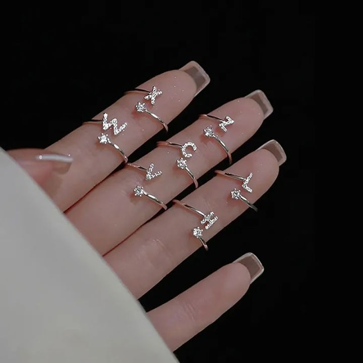 Shining Rhinestone 26 Letters Adjustable Rings Fashion Initial A-Z ...