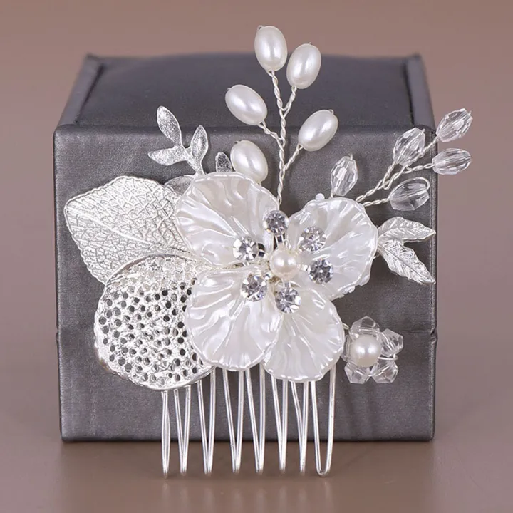 FS135 White Flower Alloy Hair Comb with Imitation Pearl and Crystal ...