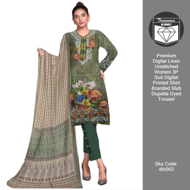 Premium Digital Linen Unstitched Women 3P Suit Digital Printed Shirt ...