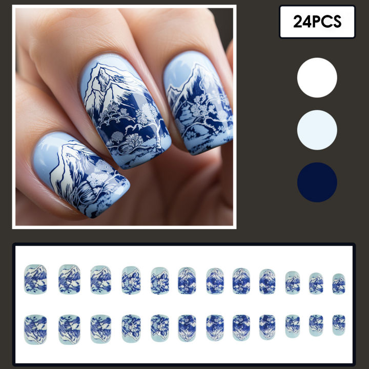 DJ-189 24pcs Short Square Artificial Nails Chinese Shan Shui Painting ...