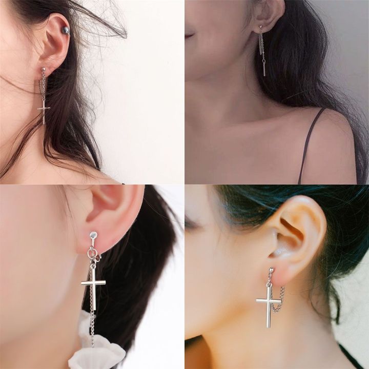 Female Personality Handsome Ear Clip Bungee Cross Chain Earrings No ...
