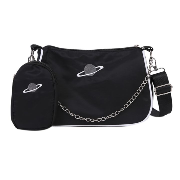 2Pcs Casual Nylon Women Shoulder Bag 2 in 1 Chain Zipper Girl Crossbody ...