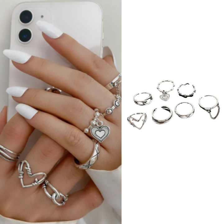 7Pcs/Set Vintage Retro Love Heart Silver Set Open Rings for Women New 2025 | Daraz.pk