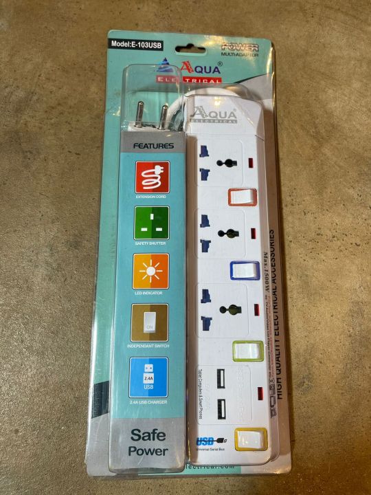 SMART UNIVERSAL Extension board 3 Way +2 USB with WIRE LENGTH: 3 METER ...