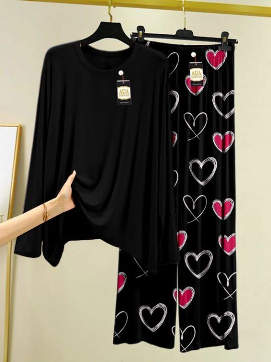 Black Color Women Night Suit with Luxurious Heart Printed Pajamas ...