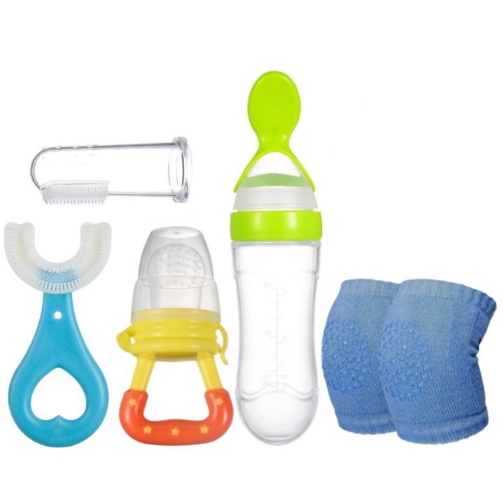 Pack of 5 Baby Silicone Spoon Feeder * Fruit Pacifier * Knee Pads * U ...