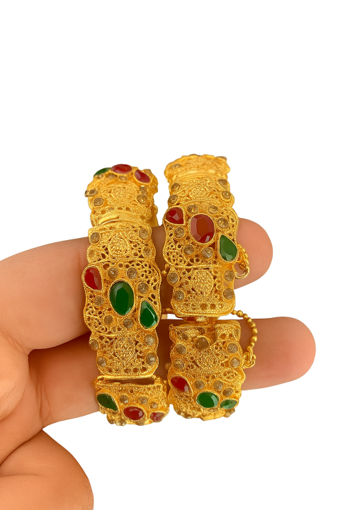 Traditional Gold Plated Kundan Bangle Set for Women – Red & Green Stone ...