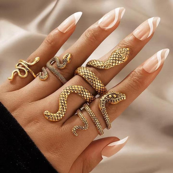 4Pcs/Set Exaggerated Retro Geometric Joint Simple Snake Ring Set Trend ...