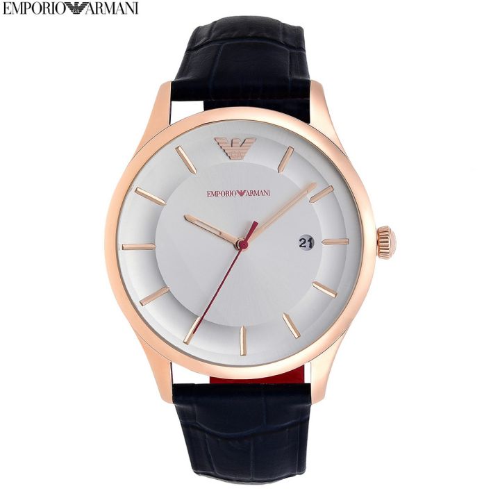 Emporio Armani Black Leather Strap Rose Gold Case White Dial Men's ...