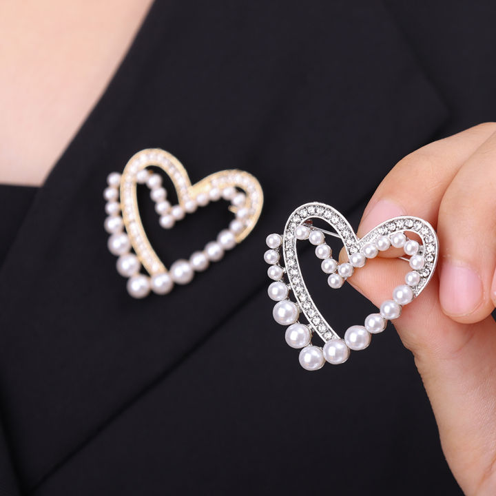 Double Layer Love Heart Brooches Rhinestone Pearl Brooches Daily ...