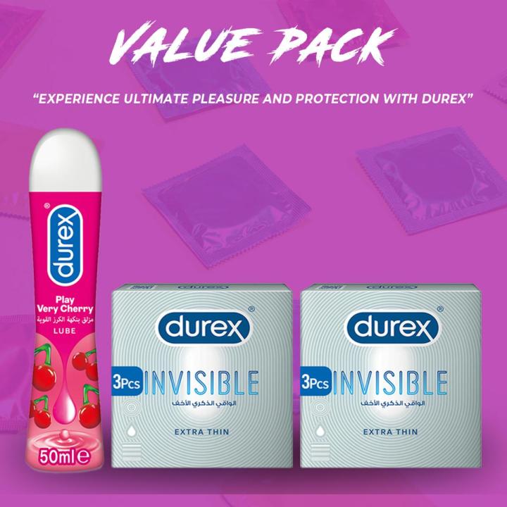 Durex Pack of 3 - Durex Play Cherry Lube 50ml + Durex Invisible Extra Thin 3s Condoms x 2 | Daraz.pk
