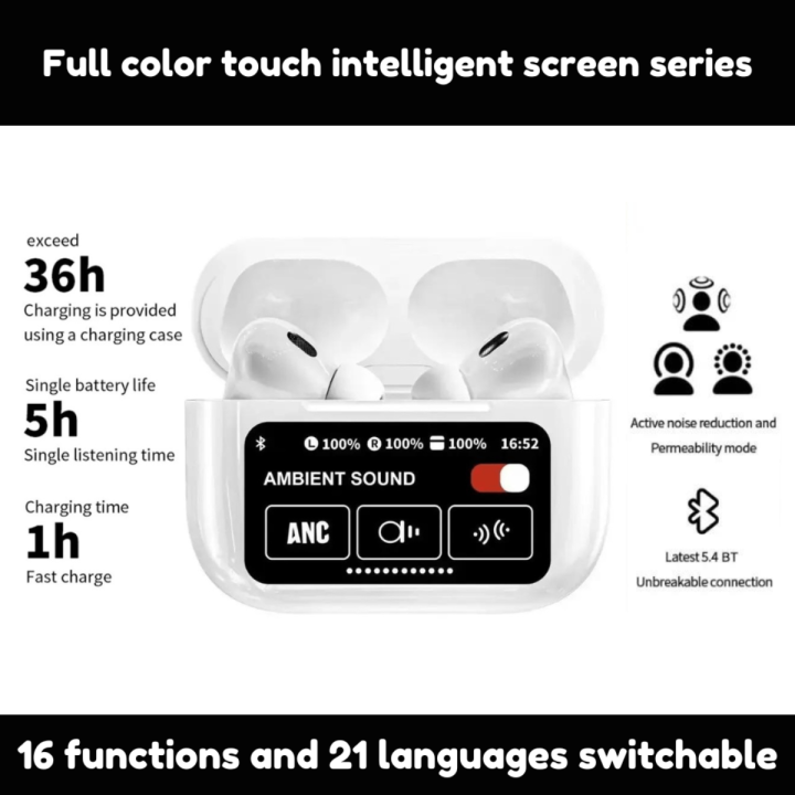 A9 pro Touch Screen ANC Wireless Headset TWS Noise Cancelling Earbud ...