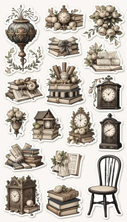 Vintage Books & Clock Stickers – Waterproof PVC (Uncut A6 Size | 15x10 ...