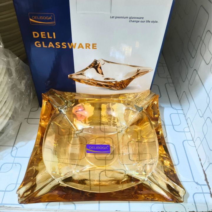 Large Golden Glass Ashtray for Table /Group Use, 4 Person Space Thick ...