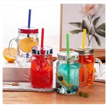 Mason Jar with Random Color Lid and Straw - Beverage Glass for coffee ...