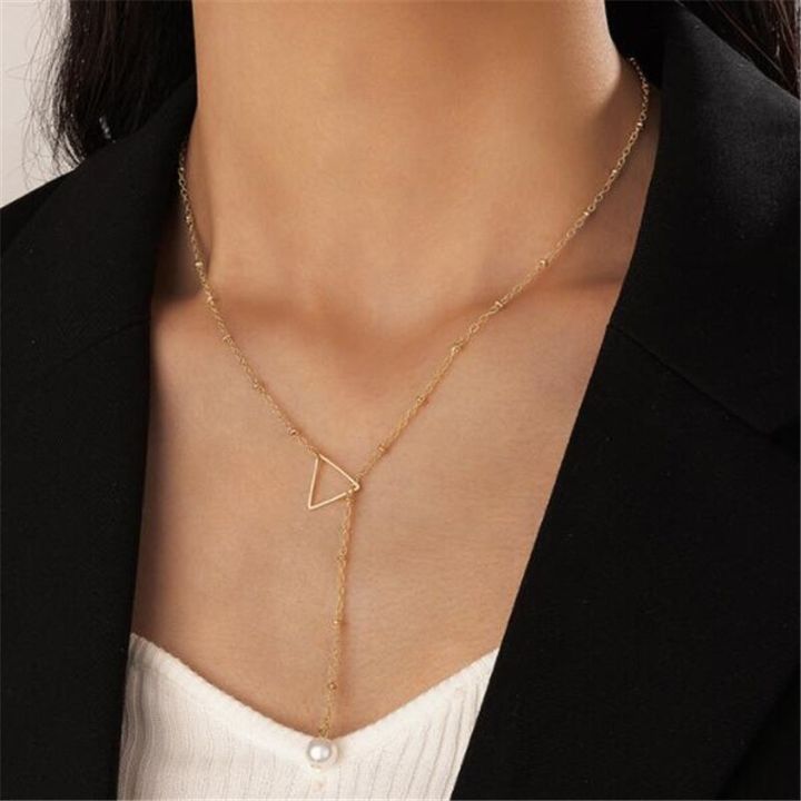 Golden Alloy Hollow Triangle Chains Pendant Necklace For Womens& Girls ...