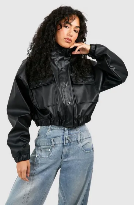 CROPPED FAUX LEATHER BOMBER JACKET | Daraz.pk