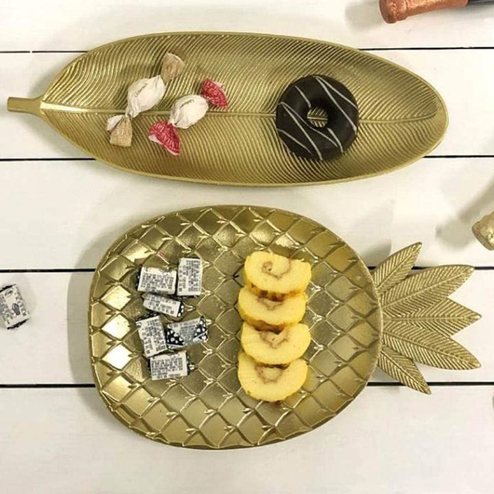 Simple Nordic Style Wooden Golden Tray Pineapple Leaf Shape Snack Fruit ...