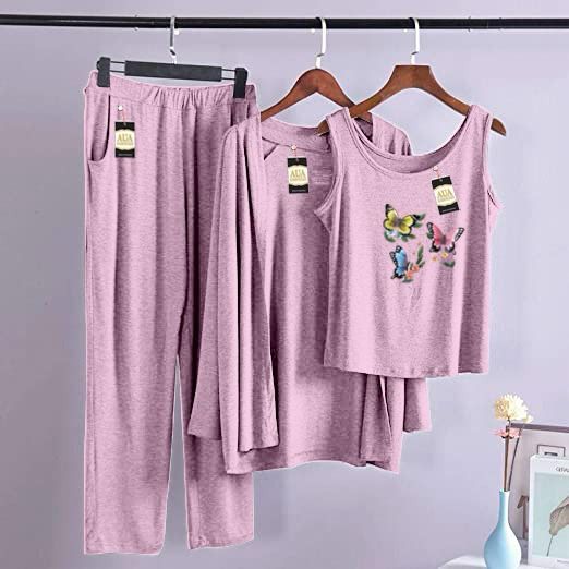 Pink Color Mini Butterfly Printed 3Pcs Pajama Suit Women Modal Long ...