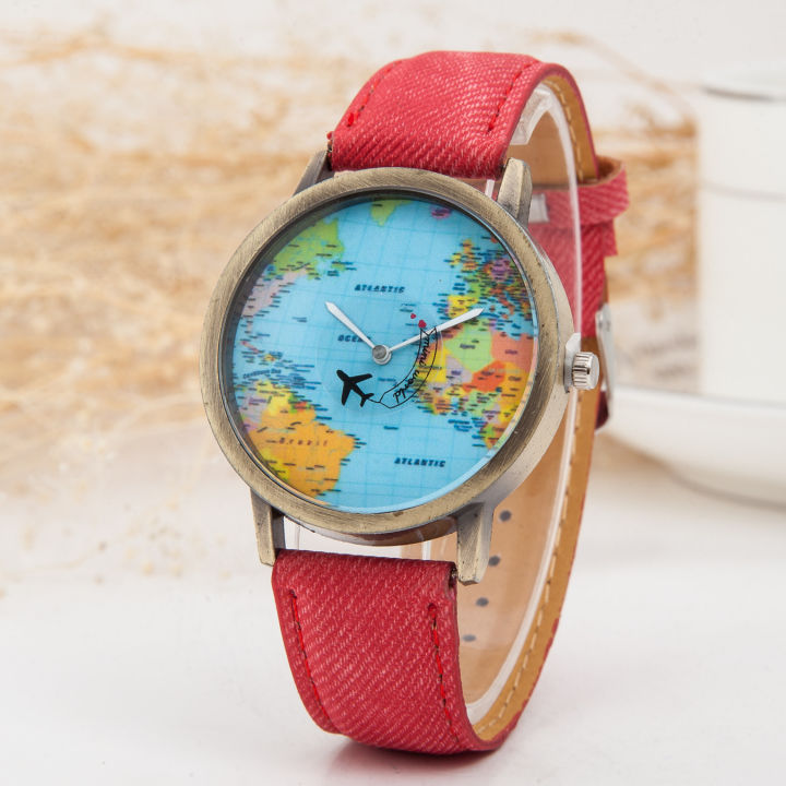 New Airplane around the Earth Denim Belt Watch Bronze Retro Airplane ...