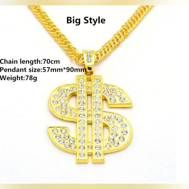 Gold Dollar Sign Shape Alloy Crystal Big Pendant Necklace Hip Hop Full ...