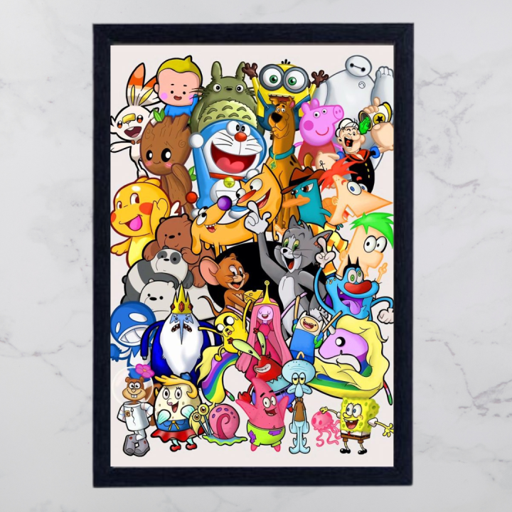 A4 Cartoon Characters Collage Wall Frame – Vibrant Multicolor Artwork ...
