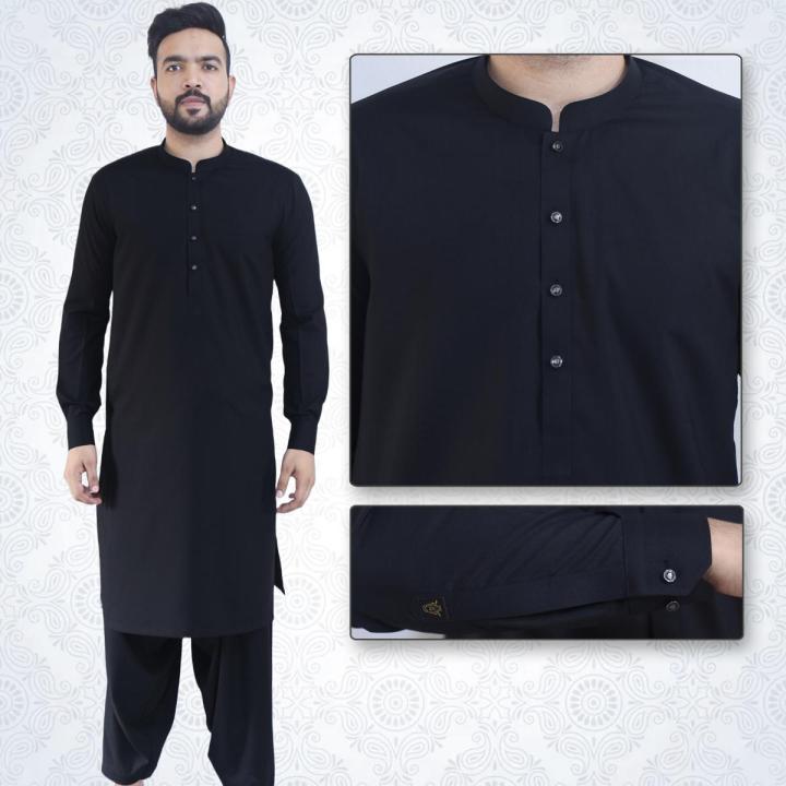 Black Mens Kameez Shalwar Ready To Wear Wash And Wear Sherwani Collar ReadyMade Kameez Shalwar ...