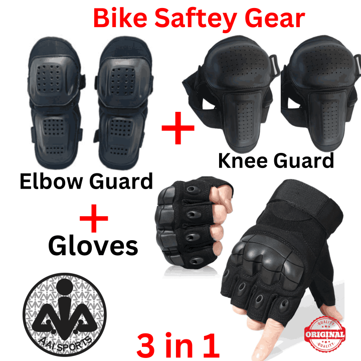 (3-in-1)Kit, Knee Guards, Elbow Guards, Motorbike Gloves, Black Color ...