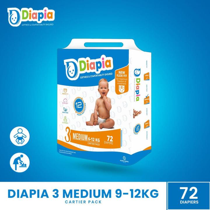 Diapia Soft Baby Diaper Medium Flexi Fit Size 9-12 KG 72 Diaper Pack | Daraz.pk