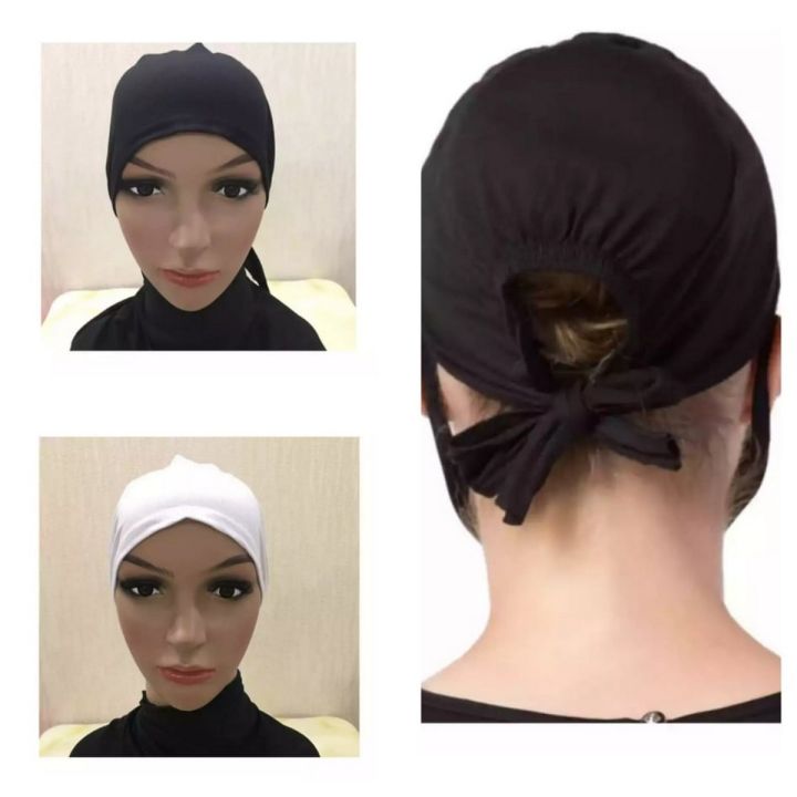 Black White Plain Knot Hijab Caps For Girls Ladies Head Cover Innerwear ...