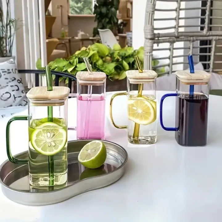 Square Glass Mug 400ml with Lid and Straw - Breakfast Milk Cup ...