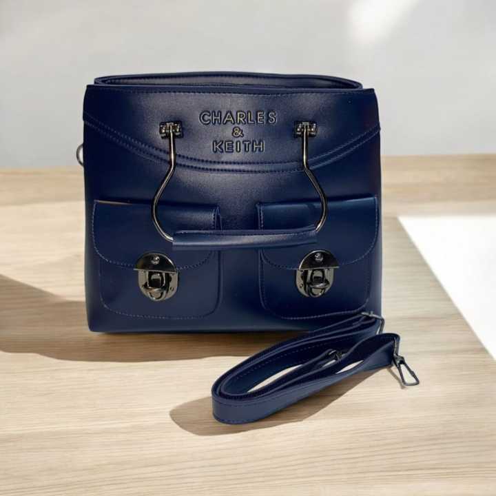 Elegant Structured Handbag with Top Handle – Navy Blue & Beige ...