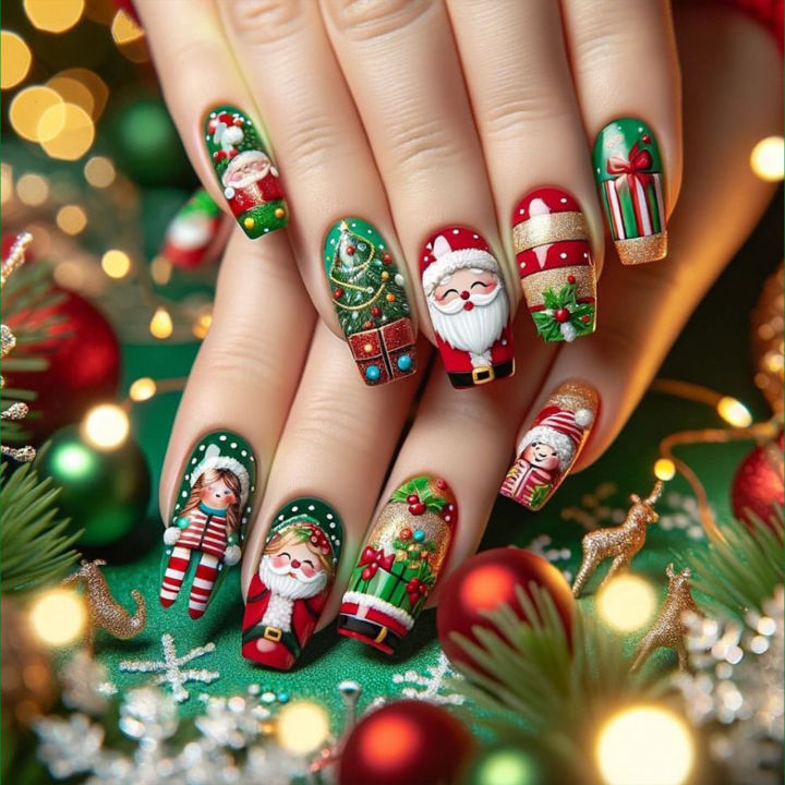 WM-304 24pcs French Resin Press on Nails Christmas Long Coffin False ...