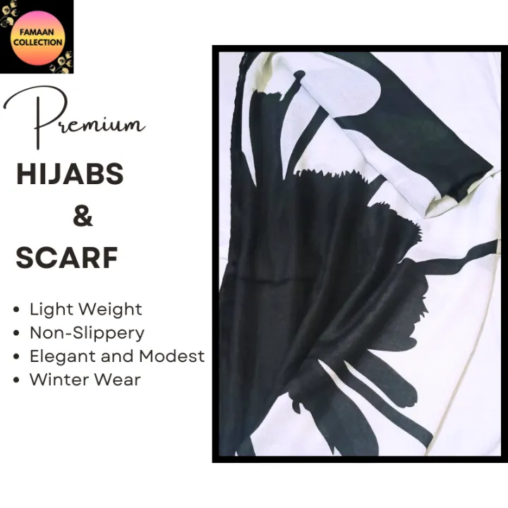 Winter Black & White Floral Scarf with Tassels – Soft Warm Shawl Wrap ...