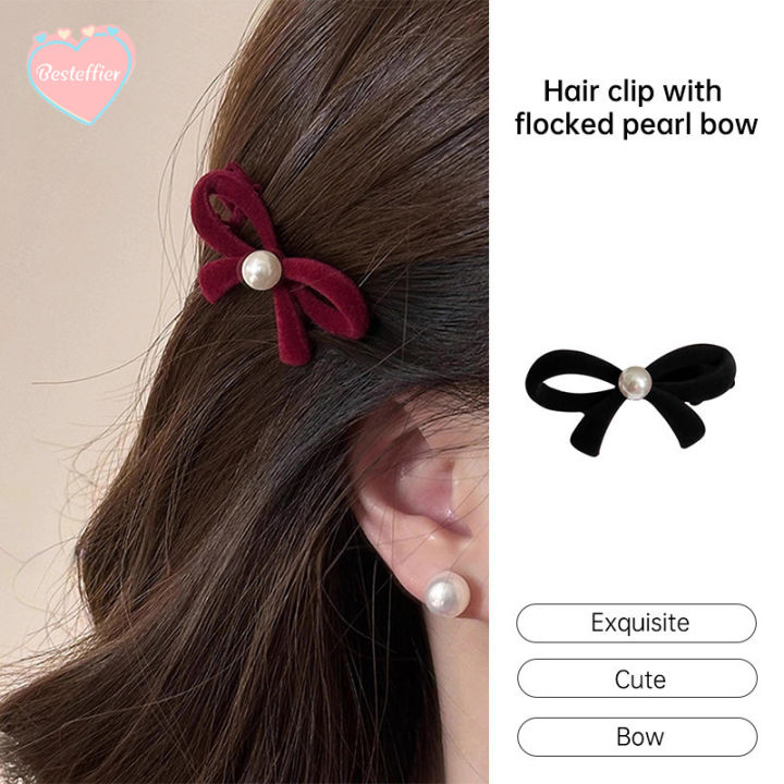 [BF]Flocking pearl red black bow small hair clip for women with broken ...