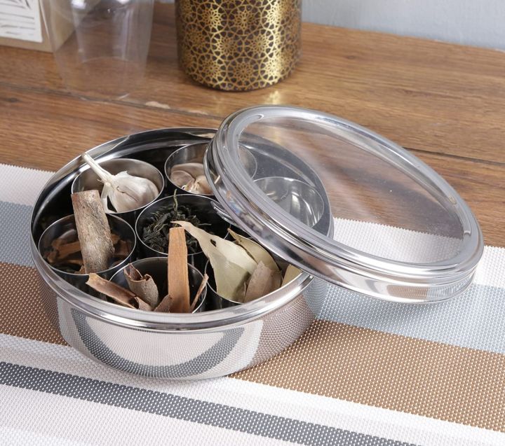 7 Partition Large Spice Container Box Masala Dabba with Transparent ...