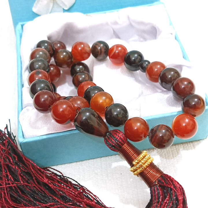 Original smooth fancy Black & Red Aqeeq Tasbih 33 Beads – muslim Agate ...