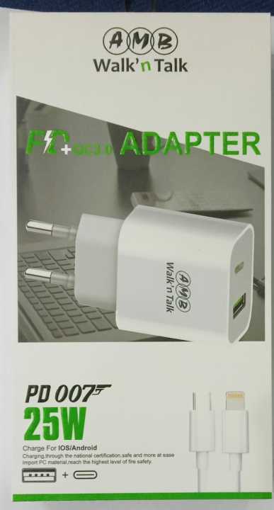 AMB PD+QC3.0 ADAPTER WITH CABLE 25W IOS/ANDROID CHARGER | Daraz.pk