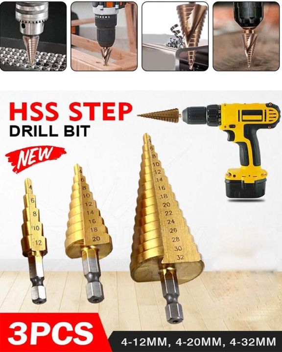 3PCS HSS Steel Step Cone Drill Titanium Metal Hole Cutter Bit Set 4-12 ...