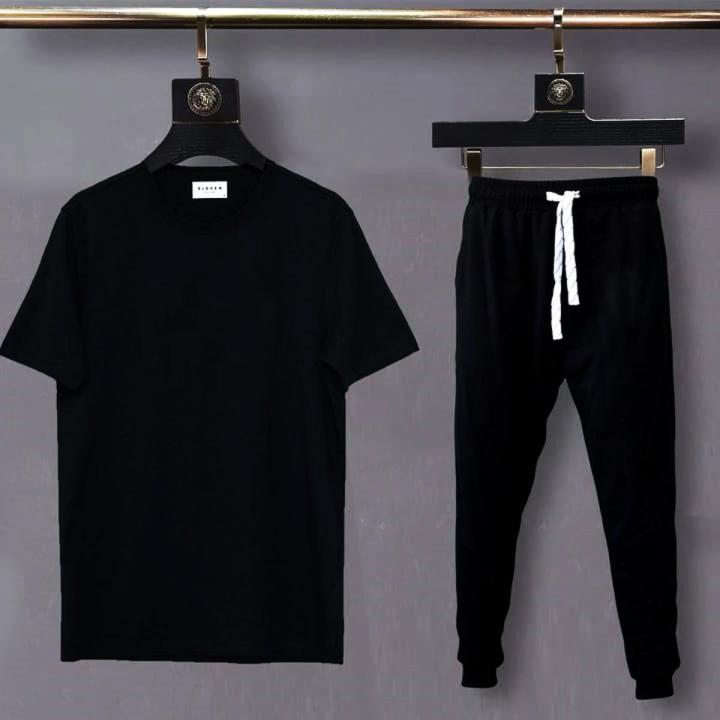 Plain Black Summer Collection Sports Tracksuit Casual Cotton Round Neck ...