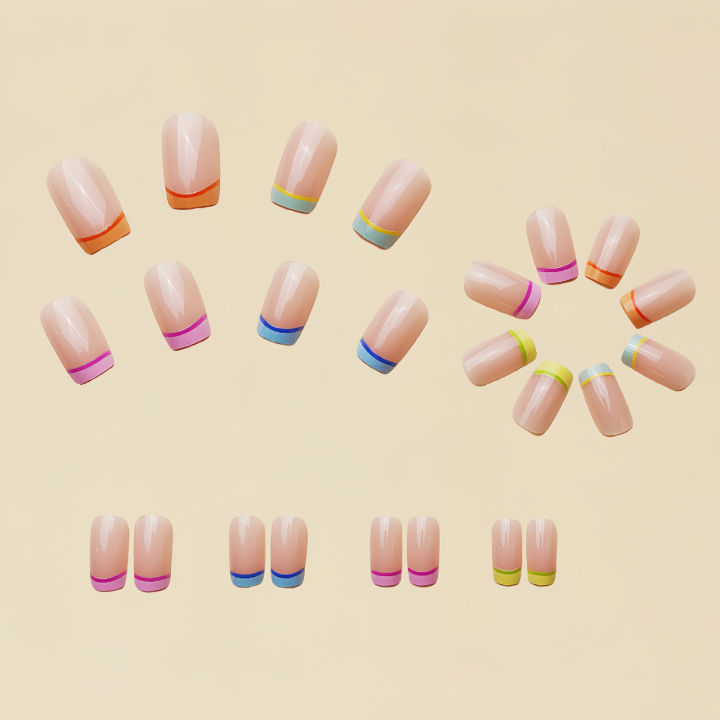 Y115 24pcs Rainbow French Tip Press On Nails with Glue & File | Daraz.pk