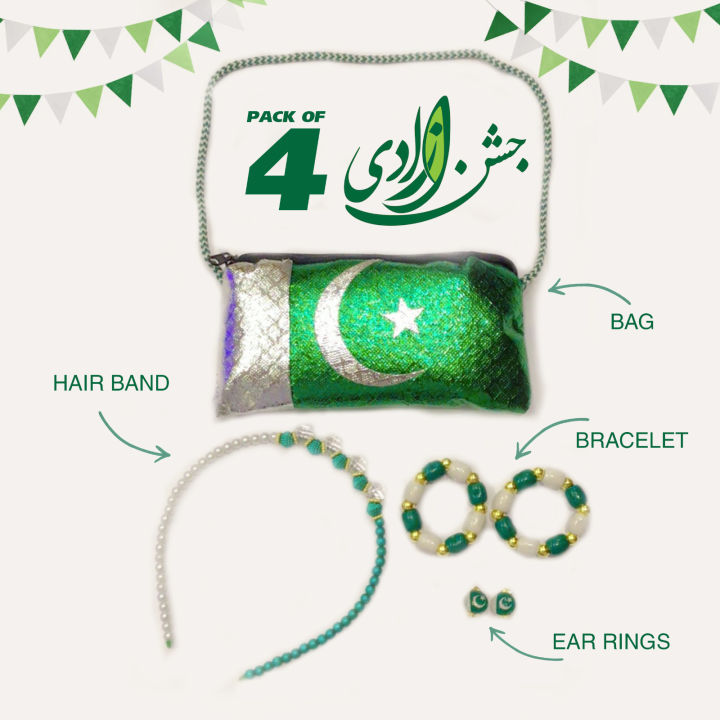 Pakistan Flag Design Girls Bag For 14 August With Hairband Bracelet And ...
